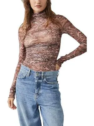 Free People Under It All Ruched Mesh Turtleneck Bodysuit - Rust Combo