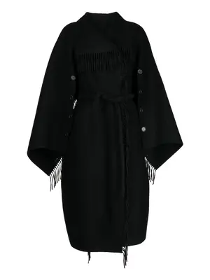 Goen.j Double-breasted Wool Coat With Fringe Detail - Black