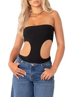 EDIKTED Vivie Cutout Rib Strapless Bodysuit - Black