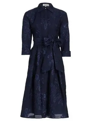 Rickie Freeman For Teri Jon Jacquard Floral-print Shirtdress - Navy
