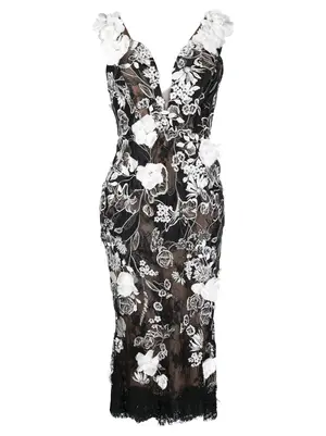 Marchesa Floral-appliqué Midi Dress - Black