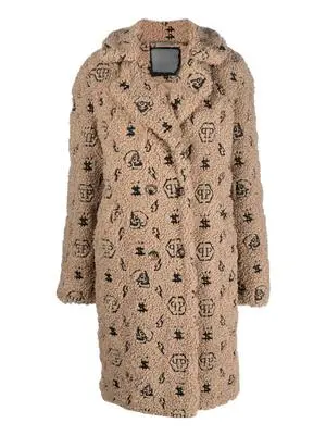 Philipp Plein Faux-fur Embroidered-monogram Coat - Neutrals