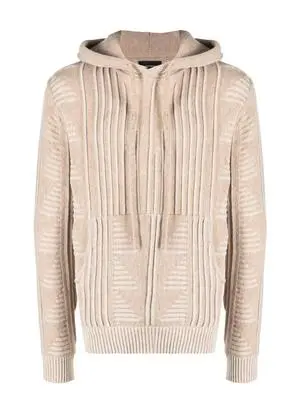 Emporio Armani Ribbed-knit Long-sleeved Hoodie - Neutrals