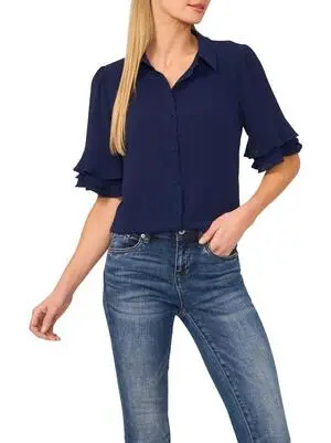 CECE DUPRAZ Ruffle Sleeve Collar Blouse - Classic Navy