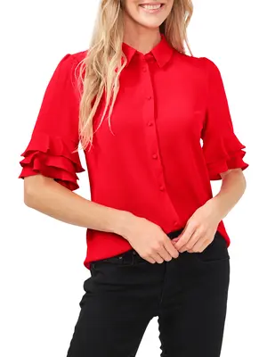 CECE DUPRAZ CeCe Ruffle Sleeve Collar Blouse Luminous Red