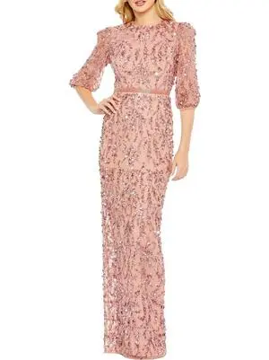 Mac Duggal Mac Duggal Sequin Sheer Sleeve Sheath Gown Rosewood