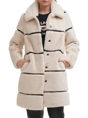 Karl Lagerfeld Paris Quilted Longline Faux Fur Coat - Oyster