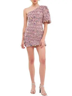 Endless Rose Sequin Tulle One-shoulder Mini Dress - Dusty Lavender