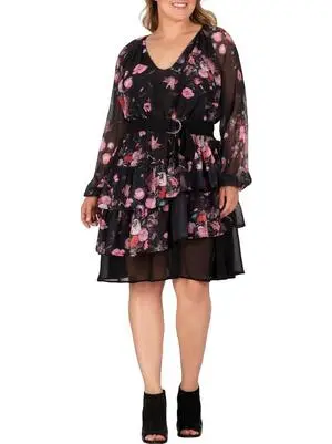 STANDARDS & PRACTICES Floral Print Belted Chiffon Dress - Black Floral