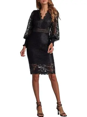 Tadashi Shoji Tadashi Shoji Pleated Sequin Lace Long Sleeve Chiffon Dress Black