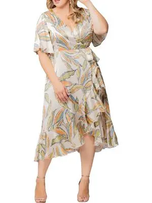 KIYONNA Kiyonna Chloe Midi Wrap Dress Artful Leaves