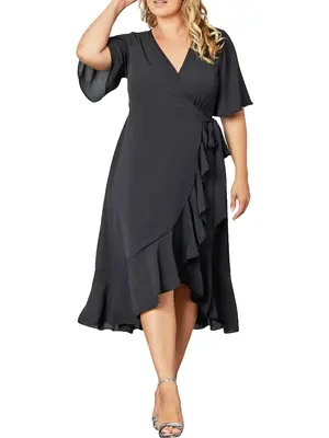 KIYONNA Kiyonna Chloe Midi Wrap Dress Black Noir