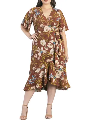 KIYONNA Kiyonna Chloe Midi Wrap Dress Terrace Garden Print