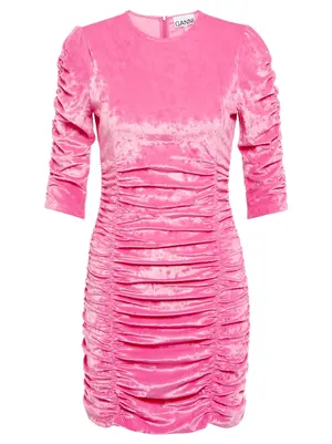 GANNI Ruched Velvet Mini Dress - Pink