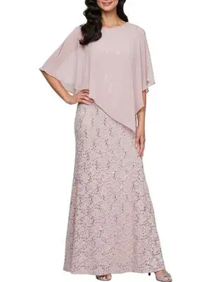 SL FASHIONS Sequin Lace Capelet Dress Blush