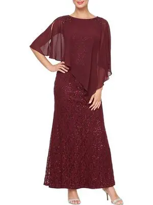 SL FASHIONS Sequin Lace Capelet Dress - Fig