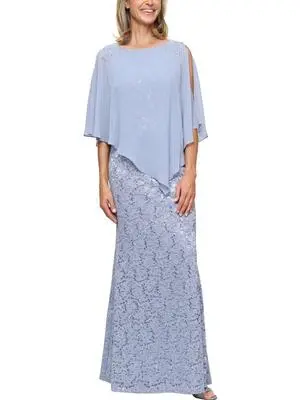 SL FASHIONS Sequin Lace Capelet Dress Hydrangea