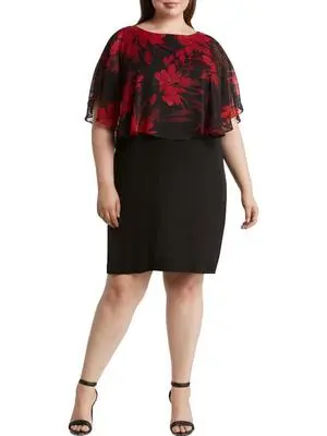 CONNECTED APPAREL Floral Cape Overlay Sheath Dress - Red