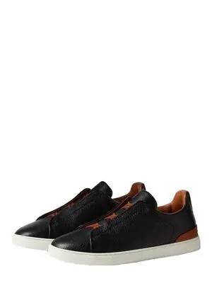 Zegna Triple Stitch Deerskin Leather Slip-on Sneakers - Black/foliage