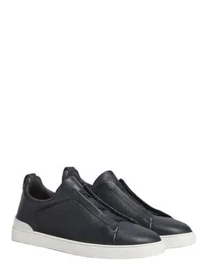 Zegna Triple Stitch Deerskin Leather Slip-on Sneakers - Navy
