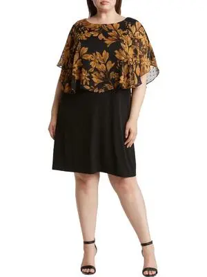 CONNECTED APPAREL Floral Cape Overlay Sheath Dress - Mustard