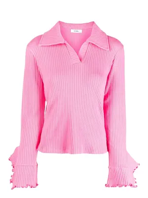 Goen.j Ribbed Ruffle-trim Polo Top - Pink