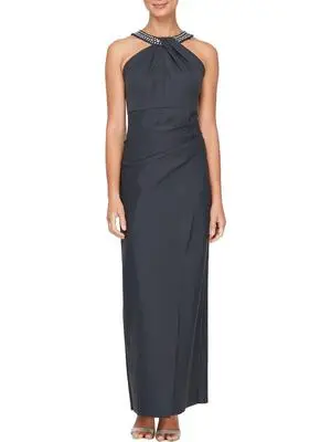 Alex Evenings Halter Neck Column Gown Charcoal