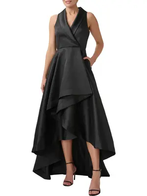 Adrianna Papell Adrianna Papell Tuxedo High-Low Satin Gown Black