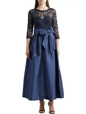 Pisarro Nights Beaded Illusion Neck Taffeta Cocktail Dress - Denim