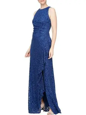 Alex Evenings Sequin Ruched Ruffle A-line Gown - Royal