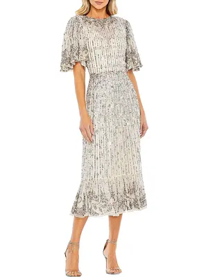 Mac Duggal Flounce Sleeve Midi-dress Silver