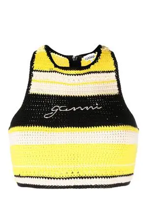 GANNI Logo-embroidered Crochet Top - Black