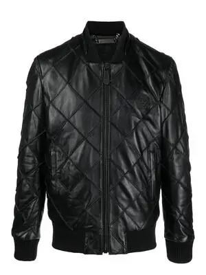 Philipp Plein Quilted Leather Bomber Jacket - Black