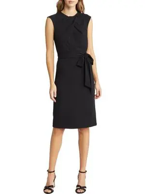 TAHARI ASL Cross Neck Tie Waist Sheath Dress Black