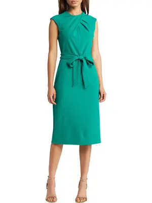 TAHARI ASL Cross Neck Tie Waist Sheath Dress Dynasty Green