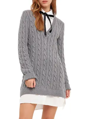 English Factory English Factory Mixed Media Cable Stitch Long Sleeve Sweater Dress Grey