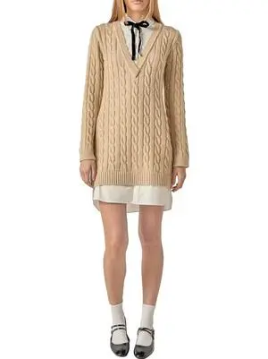 English Factory Mixed Media Cable Stitch Long Sleeve Sweater Dress - Oatmeal
