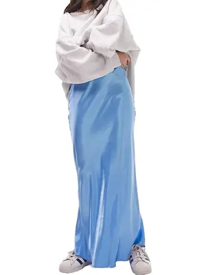Topshop Topshop Bias Cut Satin Maxi Skirt Light Blue