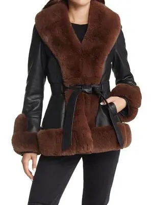 AZALEA WANG Faux Leather And Faux Fur Belted Jacket - Black