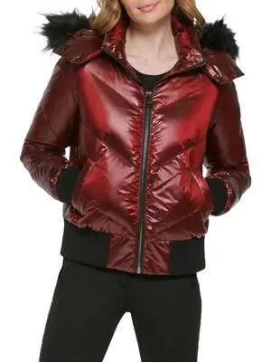 Karl Lagerfeld Paris Chevron Quilted Water Resistant Faux Fur Trim Bomber Jacket - Red Rust