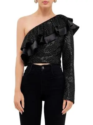 Endless Rose Sequin & Velvet One-shoulder Top - Black