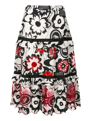 AMIR SLAMA Floral-print Tiered Skirt - Black