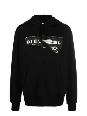 DIESEL® Ripped Logo Print Hoodie - Black