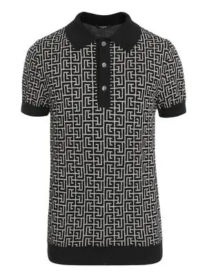 Balmain Pb Monogram Jacquard Polo Shirt - Black