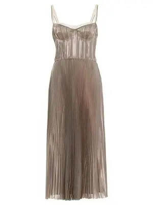 Prada Bra-Detailed Pleated Voile Midi Dress Metallic