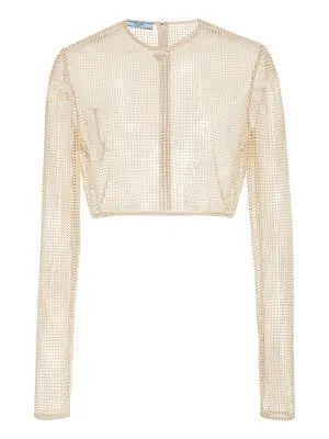 Prada Pearl-embroidered Mesh Cropped Top - Neutral