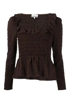 GANNI Smocked Seersucker Blouse - Brown