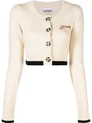GANNI Cropped Round-neck Cardigan - Neutrals