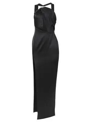 RASARIO Draped Satin Asymmetric Cut-out Gown - Black
