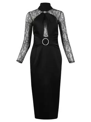 RASARIO Draped Satin Lace Midi Dress With Buckle And Ring - Black